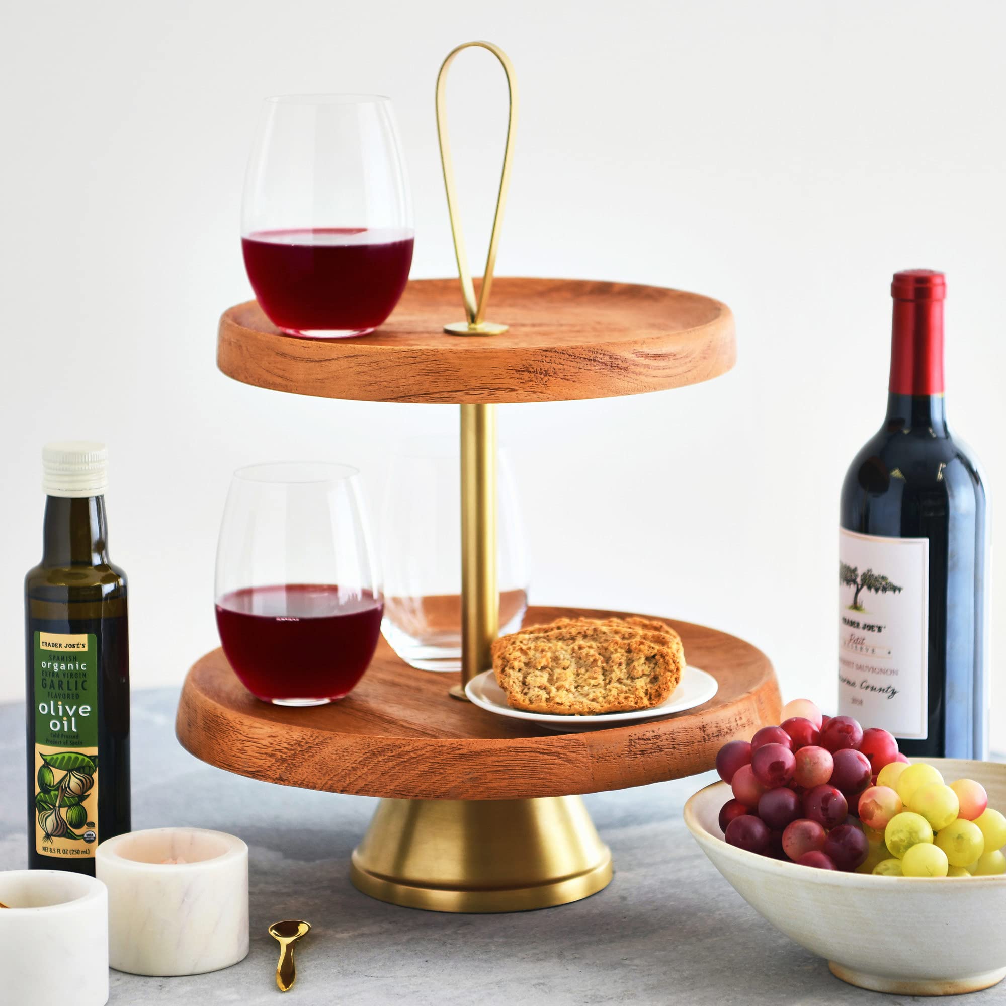 Creative Co-Op Elegant Modern 2, Cake Stand or Desert Serve Ware Tower, Natural & Gold Tiered Tray, Natural and Gold