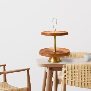 Creative Co-Op Elegant Modern 2, Cake Stand or Desert Serve Ware Tower, Natural & Gold Tiered Tray, Natural and Gold