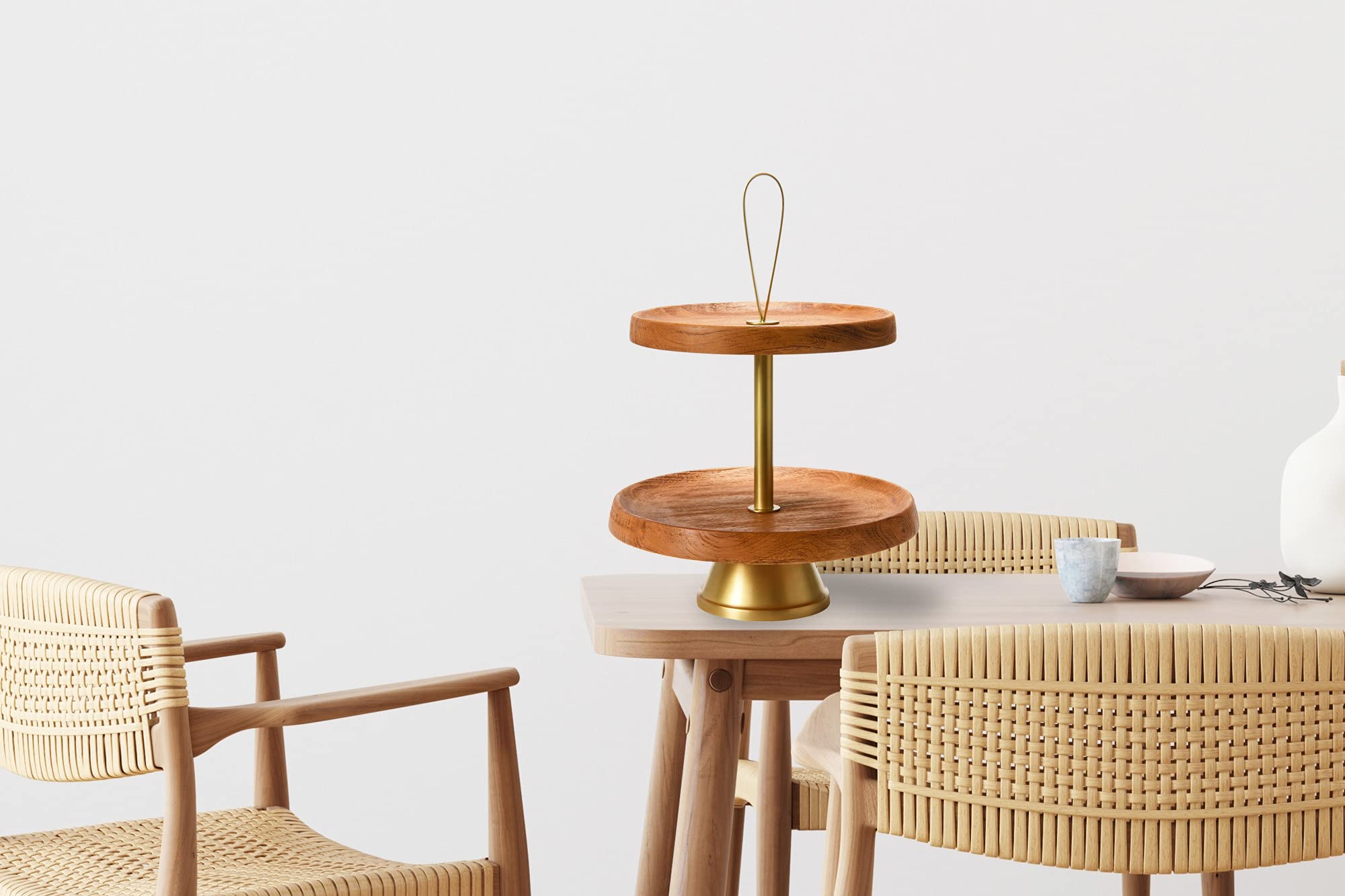 Creative Co-Op Elegant Modern 2, Cake Stand or Desert Serve Ware Tower, Natural & Gold Tiered Tray, Natural and Gold