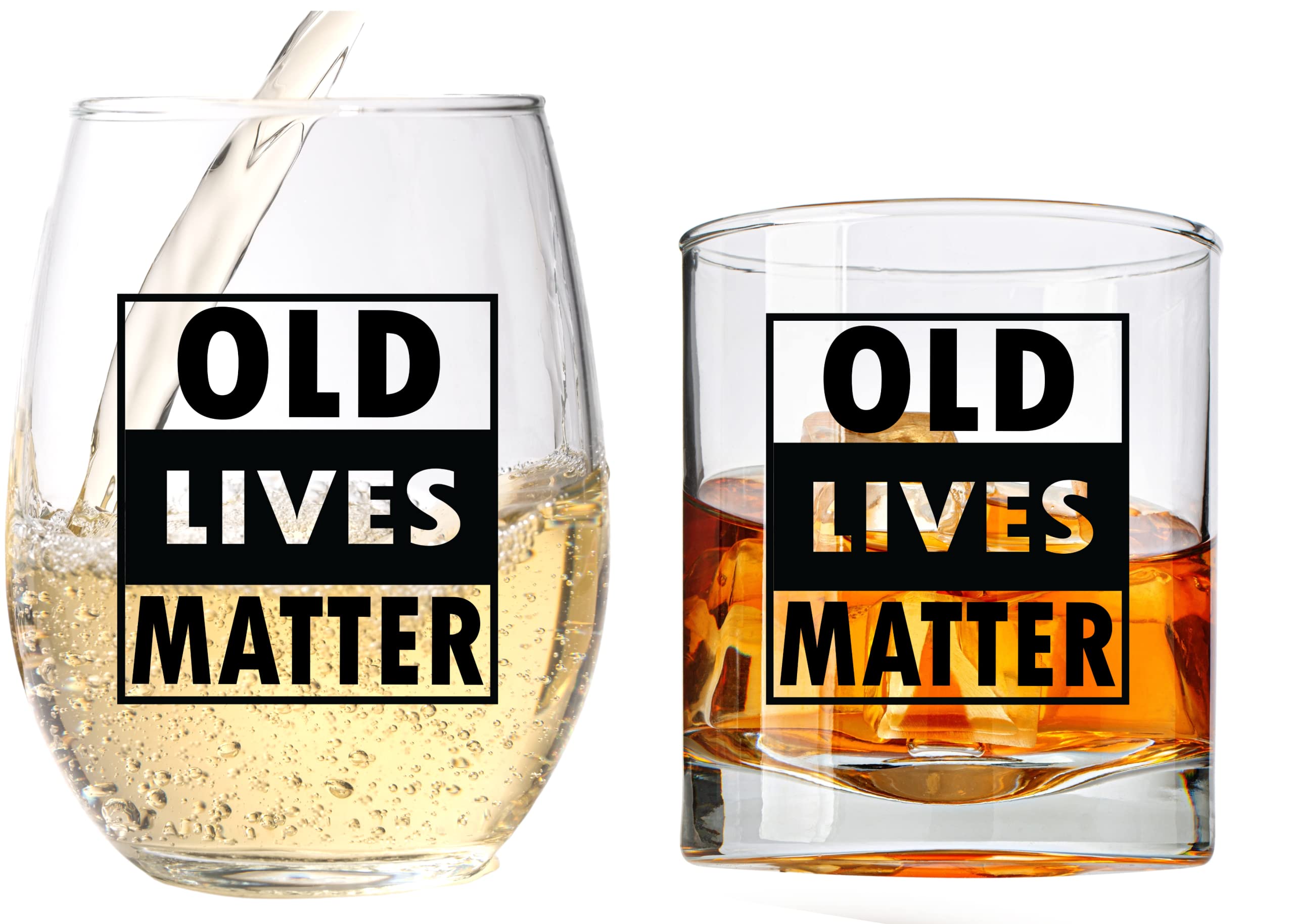 COOL AF Old Lives Matter Wine and Whiskey Glass Gift Set For Men and Women - His and Hers Gift for Anniversary, Birthday, Retirement - Great Gift for Married Couples Grandma and Grandpa, Dad and Mom