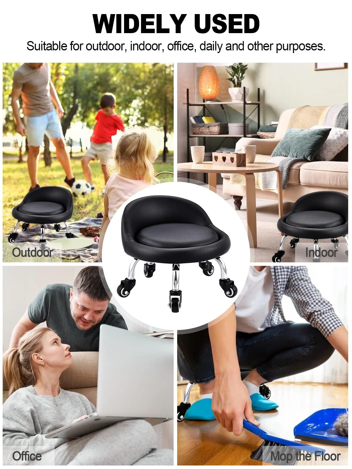 Lanstics Low Roller Seat Stools on Wheels Chair Leather Cushion Roller Seats with Back Rest Small 360 Rotating Rolling Stool Seats for Home Office Fitness Round Rolling Seat (Black)