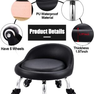 Lanstics Low Roller Seat Stools on Wheels Chair Leather Cushion Roller Seats with Back Rest Small 360 Rotating Rolling Stool Seats for Home Office Fitness Round Rolling Seat (Black)