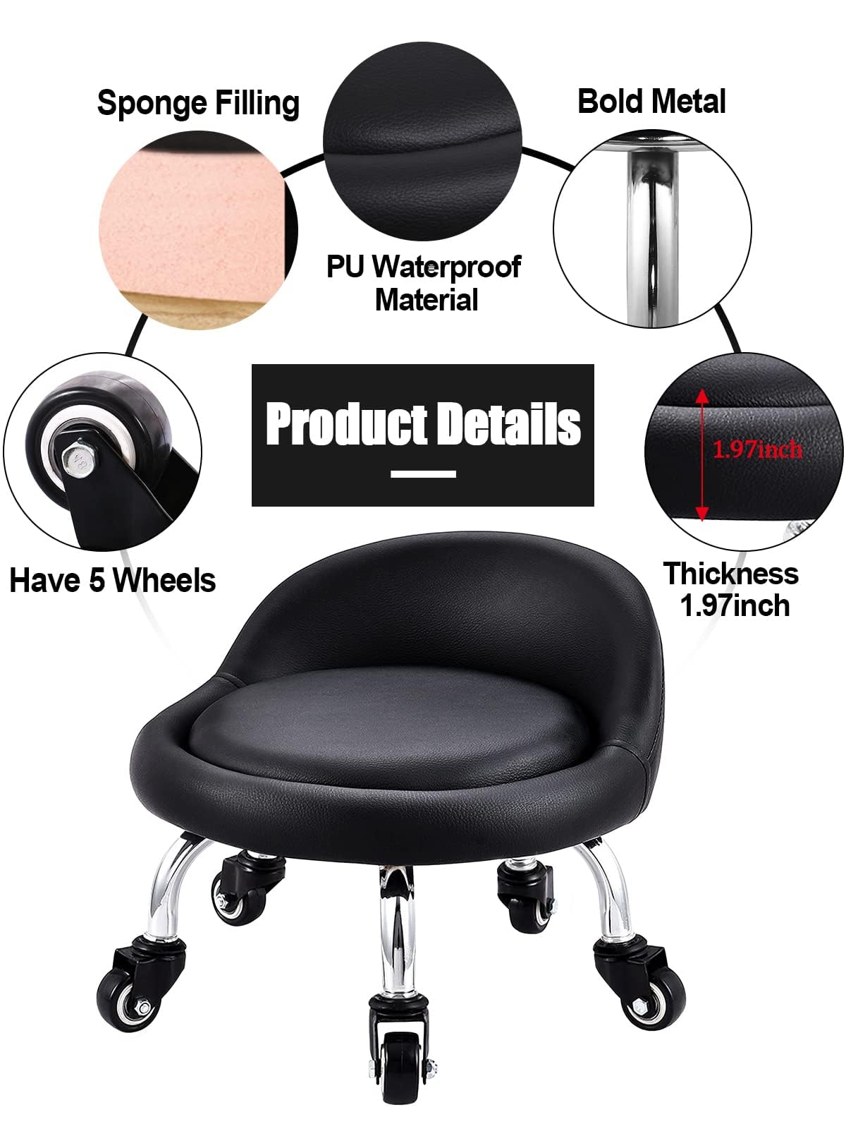 Lanstics Low Roller Seat Stools on Wheels Chair Leather Cushion Roller Seats with Back Rest Small 360 Rotating Rolling Stool Seats for Home Office Fitness Round Rolling Seat (Black)