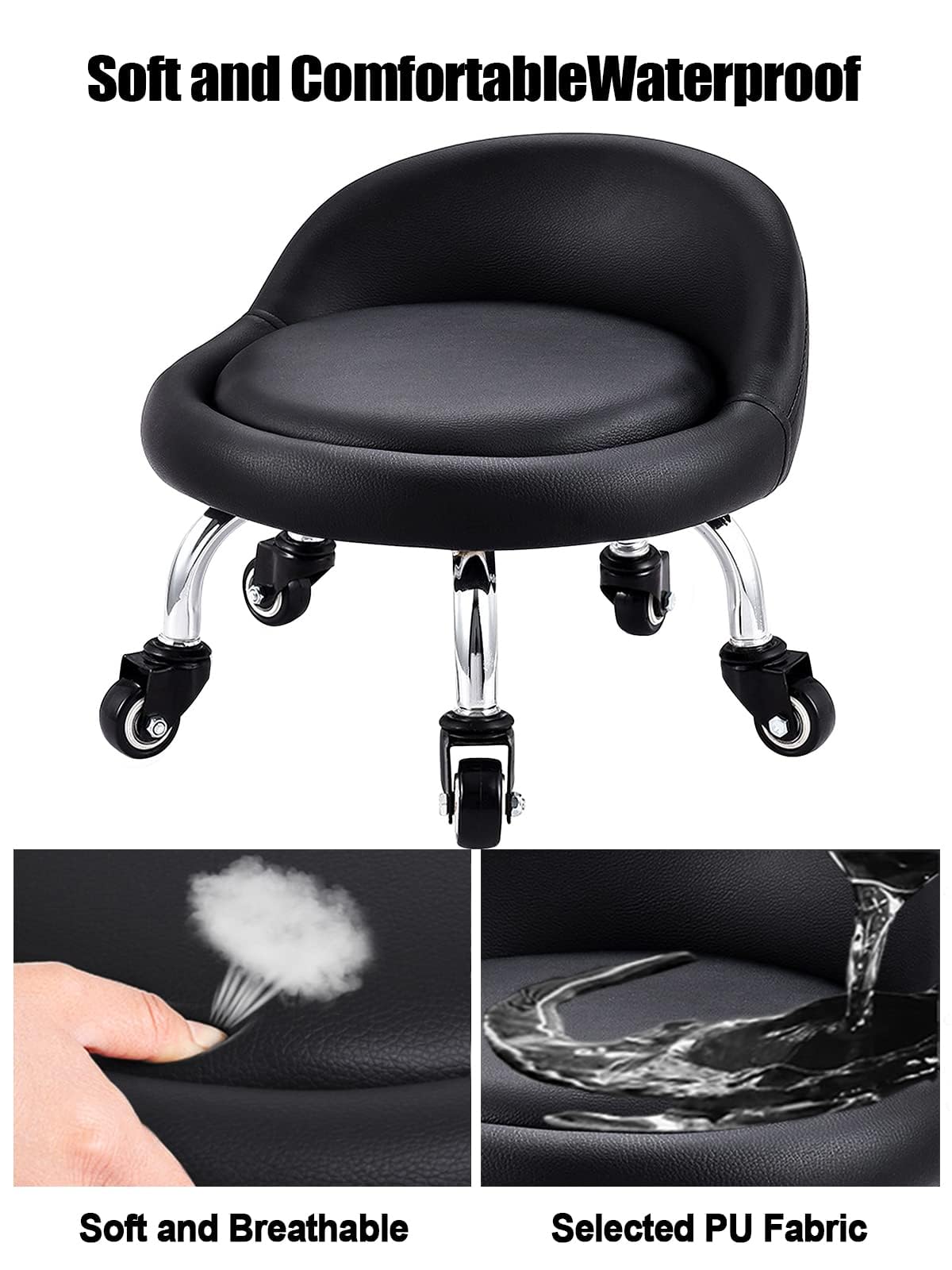 Lanstics Low Roller Seat Stools on Wheels Chair Leather Cushion Roller Seats with Back Rest Small 360 Rotating Rolling Stool Seats for Home Office Fitness Round Rolling Seat (Black)