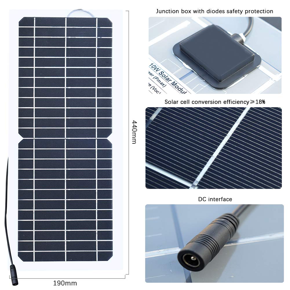 Socentralar Flexible Solar Panel Kit 12v/10w, Photovoltaic PV Module Charger with Controller USB and DC Alligator Clip Cable Outdoor Camping Emergency Lighting