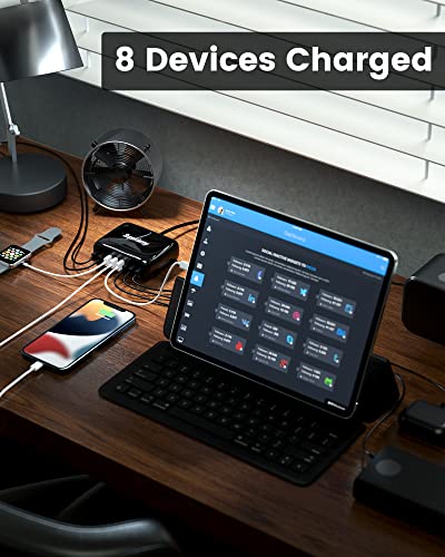 USB Charger Station, SUPERDANNY 8-Port Desktop Charging Station for Multiple Devices, Compatible with iPhone 11/X/Xs/Max/XR/SE/8/Plus, iPad Pro/Air/Mini, AirPods, Galaxy S10 Note, LG, and More, Black