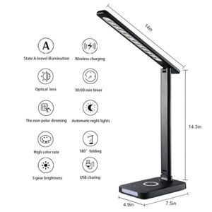 VAVOFO LED Desk Lamp with Fast Charger, USB Charging Port, Desk Light for Home Office with 5 Brightness Levels, Touch Control, 30/60 min Auto Timer, Eye-Caring Dimmable Table Lamp with Adapter