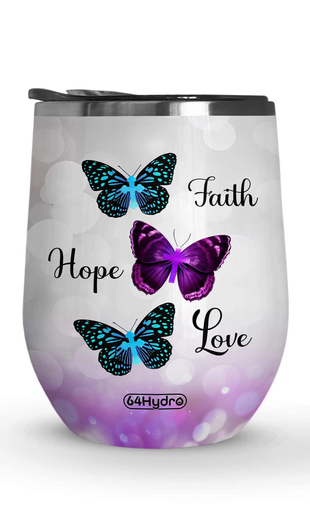 64HYDRO 12oz Faith Hope Love Butterfly Faith Christian Gifts Insulated Wine Tumbler With Lid - Stainless Steel Wine Glass Mug Cup For Travel, Office, Home - ABLZ2606009Z