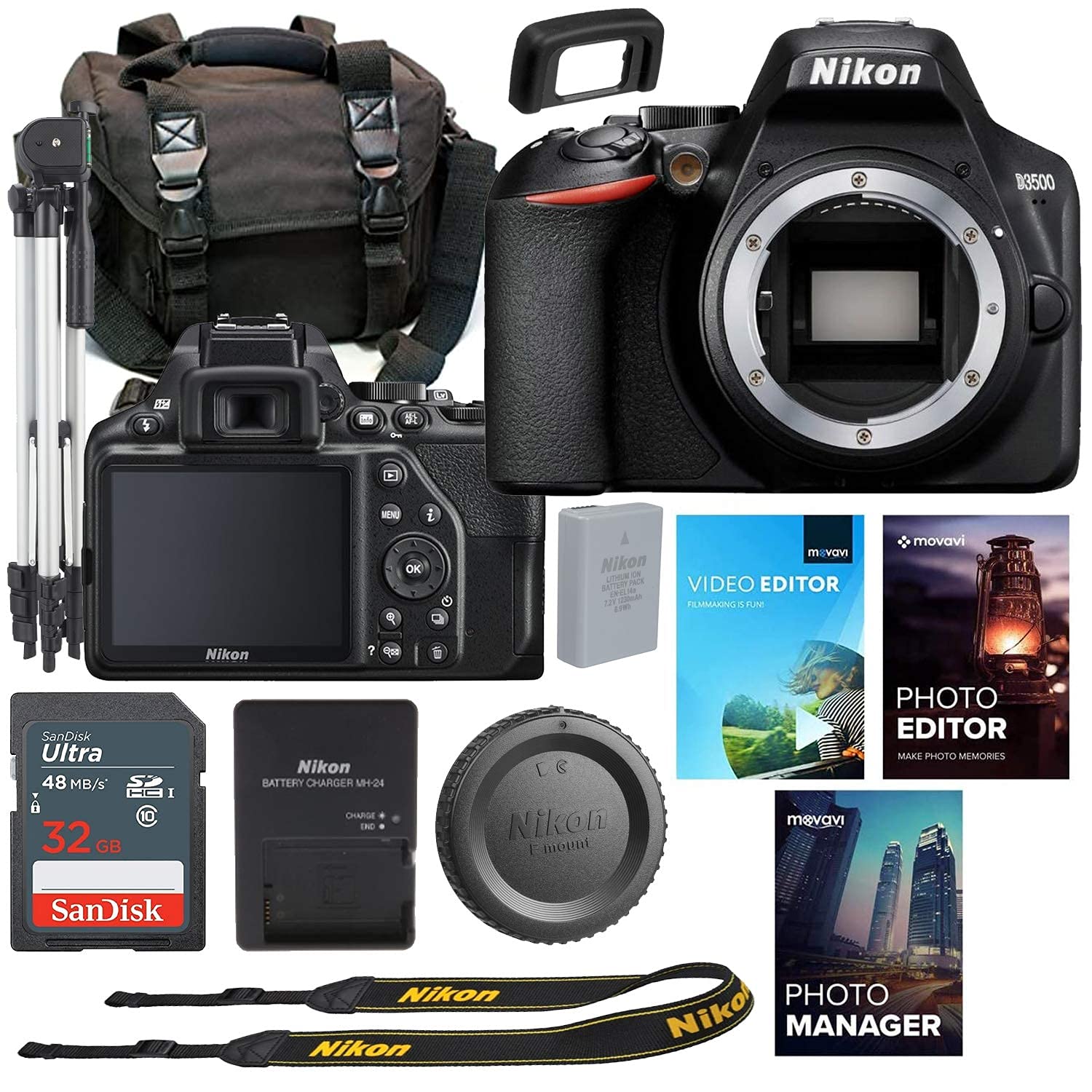 Nikon D3500 DSLR Body Only Camera Bundle + Accessory Kit Including Photo & Video Editing Software Package (Renewed)