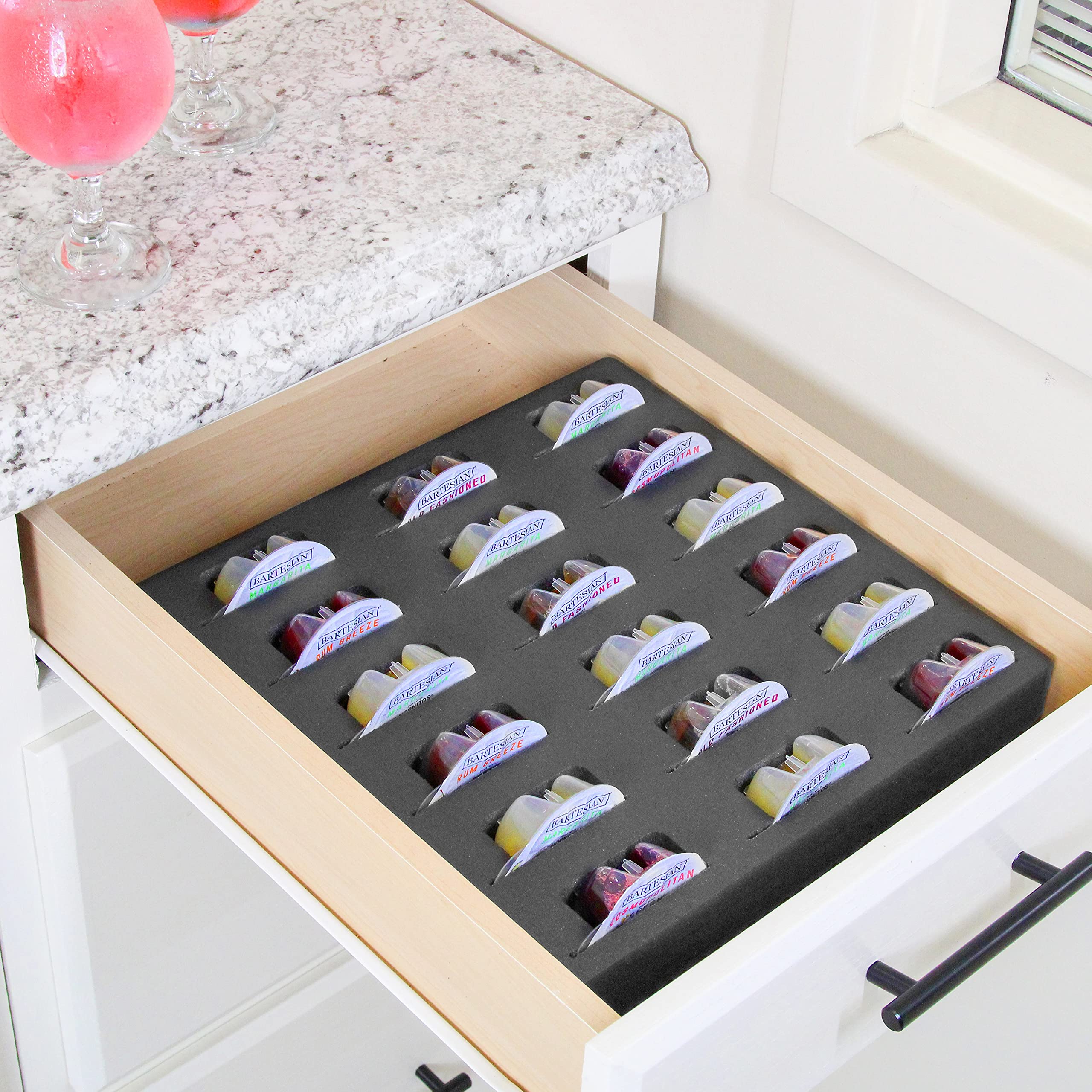 Polar Whale Cocktail Capsule Drawer Organizer Tray Insert Compatible with Bartesian for Kitchen Home Bar Party Waterproof Washable Black Foam 18 Compartment 12.5 x 12.5 Inches