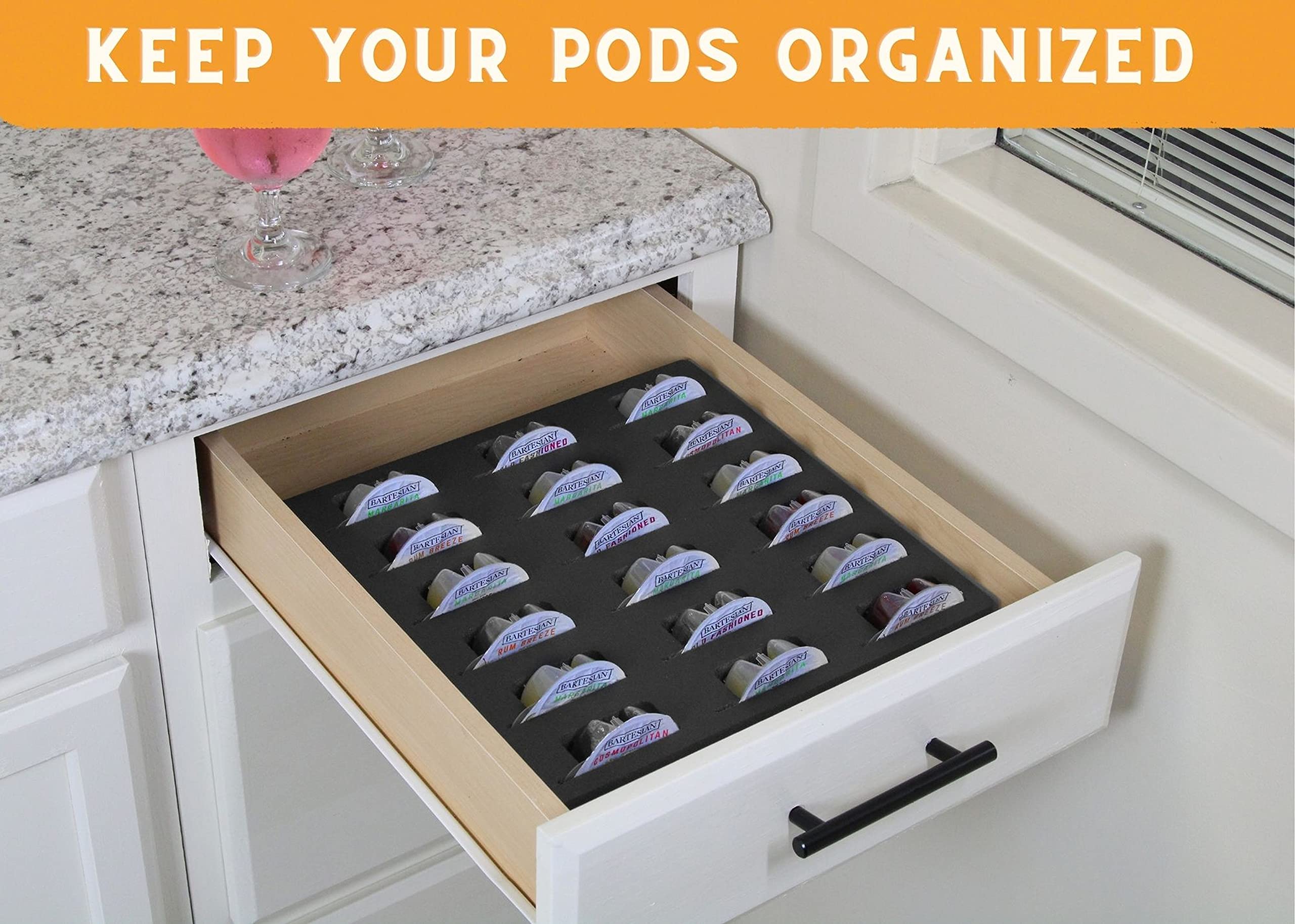 Polar Whale Cocktail Capsule Drawer Organizer Tray Insert Compatible with Bartesian for Kitchen Home Bar Party Waterproof Washable Black Foam 18 Compartment 12.5 x 12.5 Inches