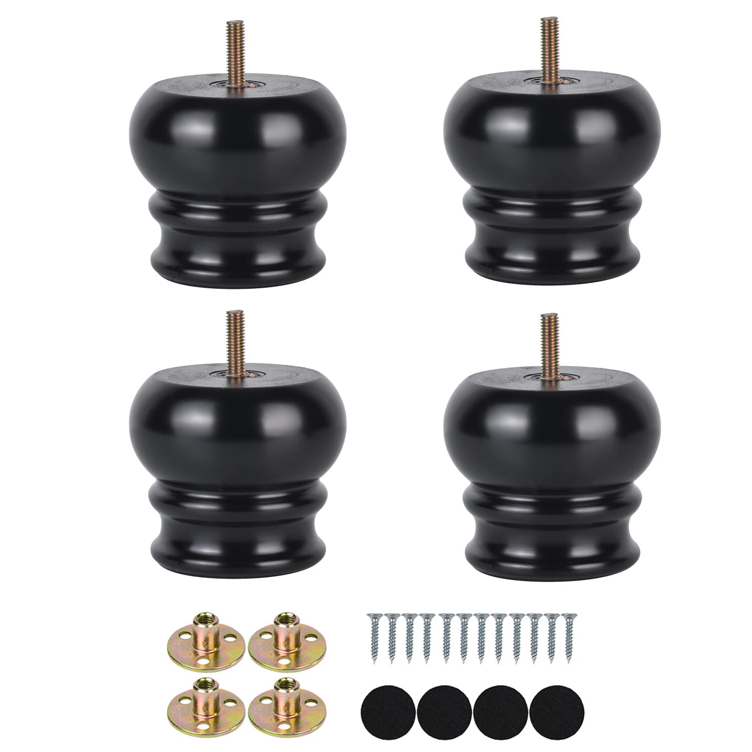 3 Inch Chunky Bun Feet Set of 4 Wood Legs for Furniture Replacement Wooden Black Feet for Sofa Couch Ottoman Screw in