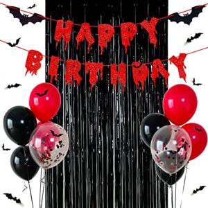 Red Glittery Happy Birthday Halloween Banner Black Foil Curtains Backdrop 3D Bat Sticker and Latex Balloons Confetti Balloon for Birthday Party Decorations Scary Party Supplies