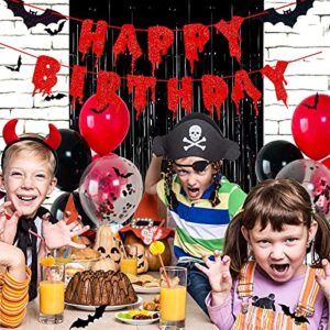 Red Glittery Happy Birthday Halloween Banner Black Foil Curtains Backdrop 3D Bat Sticker and Latex Balloons Confetti Balloon for Birthday Party Decorations Scary Party Supplies