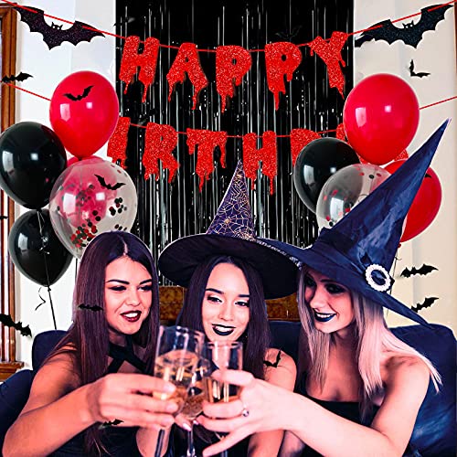 Red Glittery Happy Birthday Halloween Banner Black Foil Curtains Backdrop 3D Bat Sticker and Latex Balloons Confetti Balloon for Birthday Party Decorations Scary Party Supplies