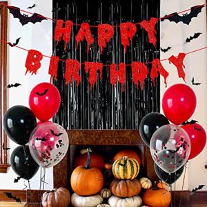 Red Glittery Happy Birthday Halloween Banner Black Foil Curtains Backdrop 3D Bat Sticker and Latex Balloons Confetti Balloon for Birthday Party Decorations Scary Party Supplies