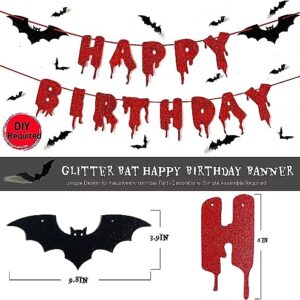 Red Glittery Happy Birthday Halloween Banner Black Foil Curtains Backdrop 3D Bat Sticker and Latex Balloons Confetti Balloon for Birthday Party Decorations Scary Party Supplies