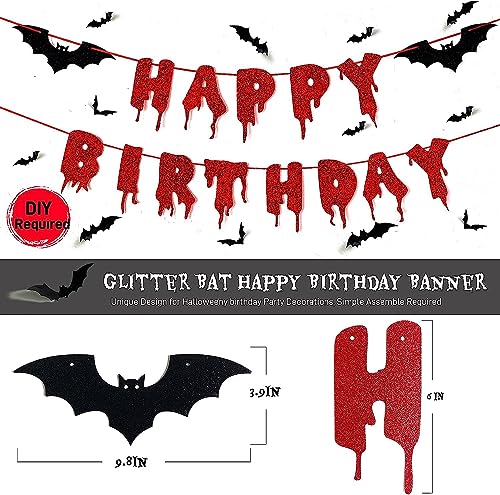 Red Glittery Happy Birthday Halloween Banner Black Foil Curtains Backdrop 3D Bat Sticker and Latex Balloons Confetti Balloon for Birthday Party Decorations Scary Party Supplies