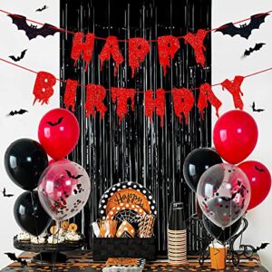 Red Glittery Happy Birthday Halloween Banner Black Foil Curtains Backdrop 3D Bat Sticker and Latex Balloons Confetti Balloon for Birthday Party Decorations Scary Party Supplies