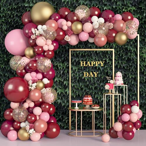 Amandir 162Pcs Burgundy Pink Balloons Garland Arch Kit, Light Pink Gold White Balloons Confetti Latex Metallic Balloons for Mom Birthday Baby Shower Wedding Mother's Day Party Decorations Supplies