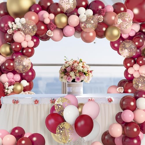 Amandir 162Pcs Burgundy Pink Balloons Garland Arch Kit, Light Pink Gold White Balloons Confetti Latex Metallic Balloons for Mom Birthday Baby Shower Wedding Mother's Day Party Decorations Supplies