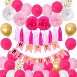 Amandir Hot Pink Birthday Party Decorations, Pink Gold White Confetti Latex Metallic Balloons with Happy Birthday Banner Paper Pom Poms Tassels Mother's Day Birthday Party Supplies for Mom Women Girls