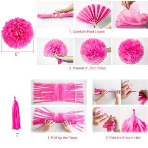 Amandir Hot Pink Birthday Party Decorations, Pink Gold White Confetti Latex Metallic Balloons with Happy Birthday Banner Paper Pom Poms Tassels Mother's Day Birthday Party Supplies for Mom Women Girls