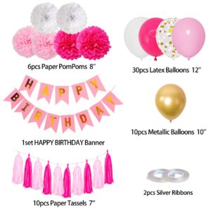 Amandir Hot Pink Birthday Party Decorations, Pink Gold White Confetti Latex Metallic Balloons with Happy Birthday Banner Paper Pom Poms Tassels Mother's Day Birthday Party Supplies for Mom Women Girls