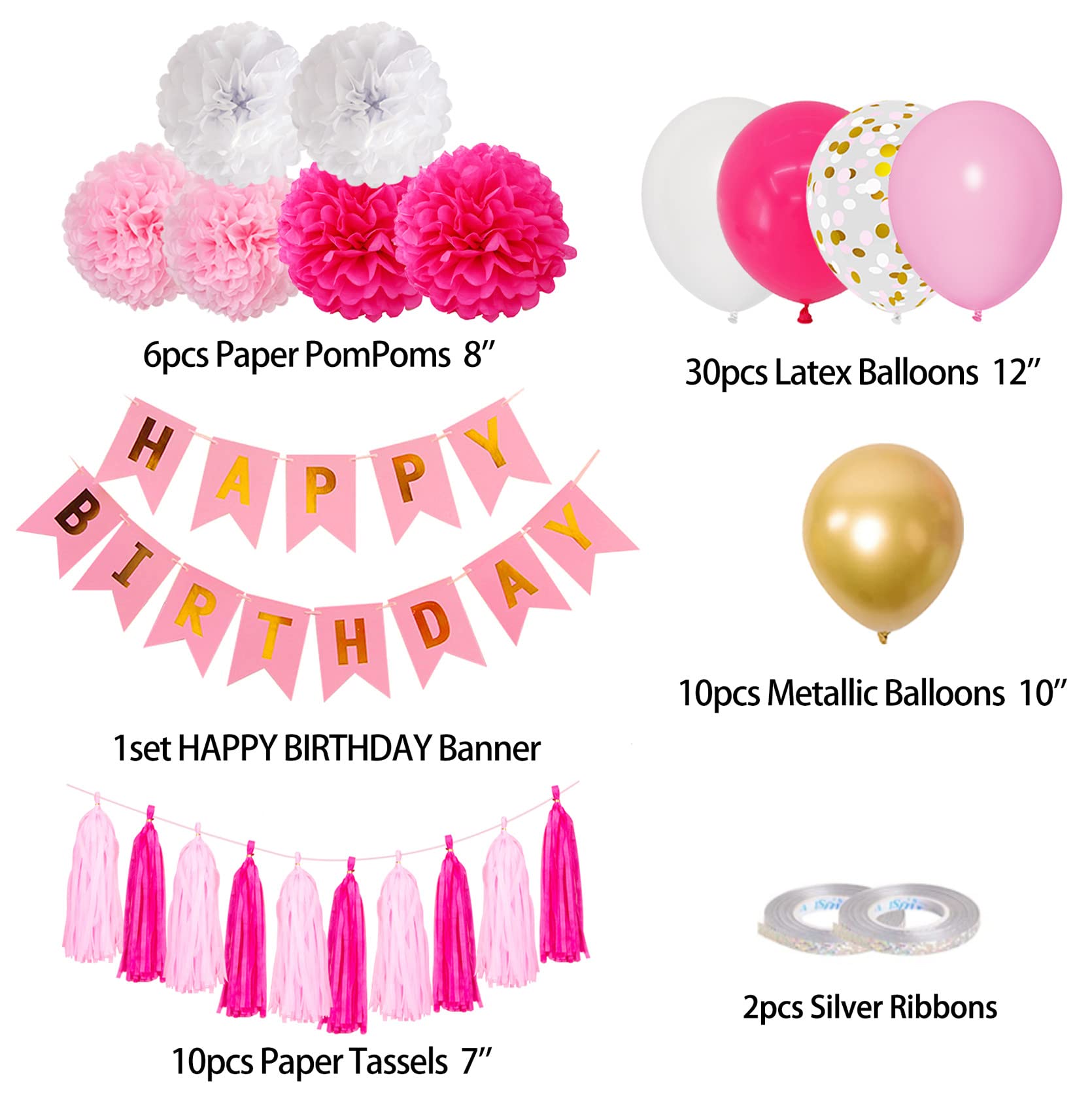 Amandir Hot Pink Birthday Party Decorations, Pink Gold White Confetti Latex Metallic Balloons with Happy Birthday Banner Paper Pom Poms Tassels Mother's Day Birthday Party Supplies for Mom Women Girls