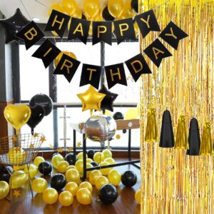 Amandir Birthday Decorations for Men Women, Black and Gold Balloons Party Decorations Happy Birthday Banner Tassels Metallic Fringe Curtains 30th 40th Birthday Graduation Decorations Supplies