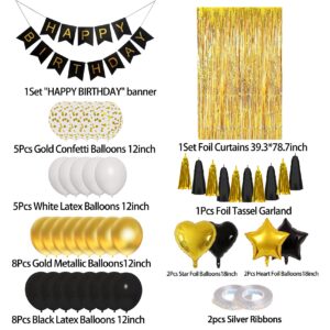 Amandir Birthday Decorations for Men Women, Black and Gold Balloons Party Decorations Happy Birthday Banner Tassels Metallic Fringe Curtains 30th 40th Birthday Graduation Decorations Supplies