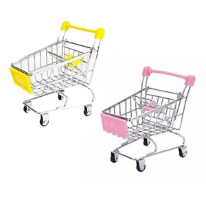 2 pcs mini shopping cart supermarket handcart shopping utility cart mode storage toy, yellow and pink