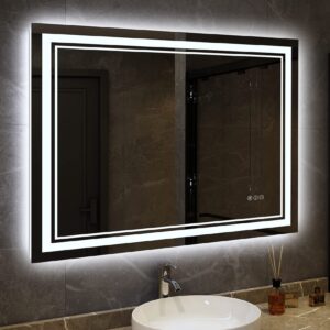 awandee 40x32 led bathroom mirror with lights, backlit + front lit, anti-fog lighted vanity mirror for bathroom wall, dimmable led vanity mirror with 3 colors, memory, waterproof, horizontal/vertical