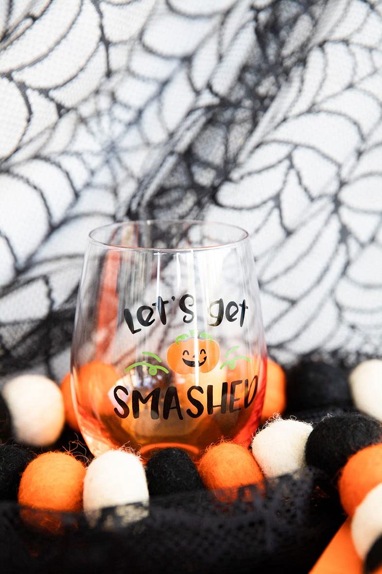 Pearhead Let's Get Smashed Stemless Wine Glass, Gradient Orange, Fall Holiday Home Decor Gifts, Halloween Stemless Wine Glass, 15 oz