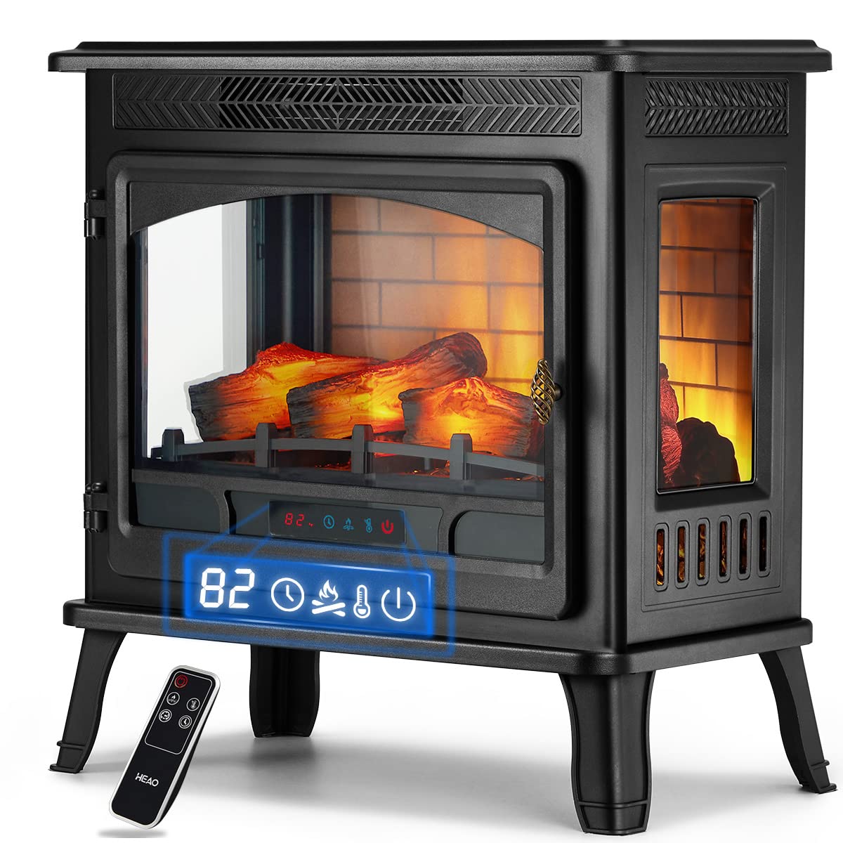 HEAO Electric Fireplace 3D Infrared Fireplace Stove 24" Freestanding Fireplace Heater for Indoor with Visible Control Panel and Remote, ETL Certified, Overheating Safety Protection, 1500W (Black)