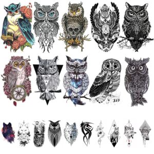 20 sheets large owl temporary tattoos for men women, realistic owl temporary tattoo stickers for adults 3d fake wolf lion dragon totem animals tatoos