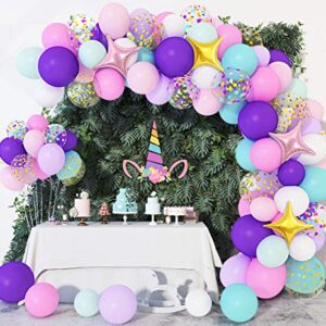 Amandir 138pcs Unicorn Balloons Arch Garland Kit, Unicorn Birthday Party Decorations for Girls Confetti Light Purple Aqua Blue Pink Balloons Set Wedding Baby Shower Party Supplies