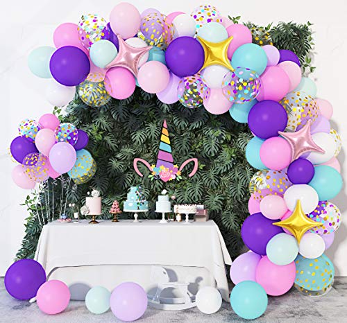 Amandir 138pcs Unicorn Balloons Arch Garland Kit, Unicorn Birthday Party Decorations for Girls Confetti Light Purple Aqua Blue Pink Balloons Set Wedding Baby Shower Party Supplies