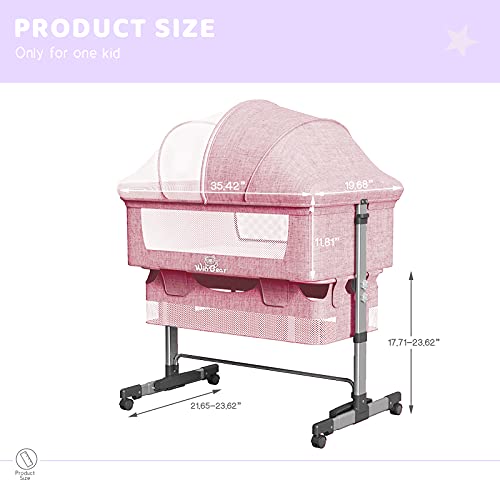 Napfox Baby Bassinet, Bedside Sleeper,Foldable Baby Bed to Bed, Adjustable Portable Bed for Infant/Baby/Newborn,with Mosquito Nets, Large Storage Bag, Comfortable Mattresses, Lockable Wheels (Pink)