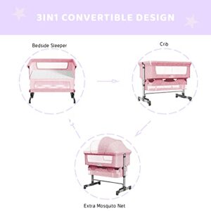 Napfox Baby Bassinet, Bedside Sleeper,Foldable Baby Bed to Bed, Adjustable Portable Bed for Infant/Baby/Newborn,with Mosquito Nets, Large Storage Bag, Comfortable Mattresses, Lockable Wheels (Pink)