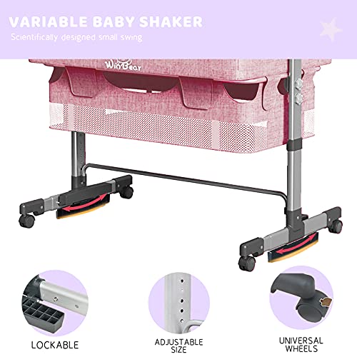 Napfox Baby Bassinet, Bedside Sleeper,Foldable Baby Bed to Bed, Adjustable Portable Bed for Infant/Baby/Newborn,with Mosquito Nets, Large Storage Bag, Comfortable Mattresses, Lockable Wheels (Pink)