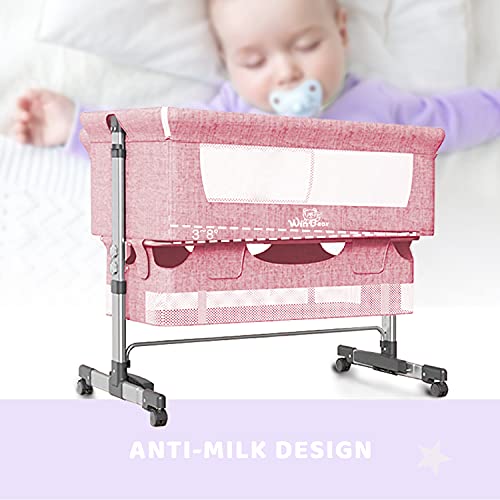 Napfox Baby Bassinet, Bedside Sleeper,Foldable Baby Bed to Bed, Adjustable Portable Bed for Infant/Baby/Newborn,with Mosquito Nets, Large Storage Bag, Comfortable Mattresses, Lockable Wheels (Pink)