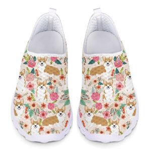 toaddmos cute flower corgi dog print women walking shoes slip on lightweight athletic tennis fashion sneaker non-slip breathable mesh sneaker ladies girls