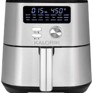 Kalorik MAXX® Digital Air Fryer| 4 Quart 7-in-1 Oilless Fryer with 7 Cooking Functions | LED Display with 21 Smart Presets | Nonstick Air Frying Basket | Recipe Book | 1600W | Stainless Steel & Black