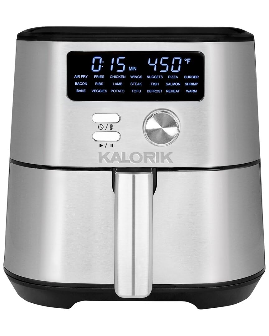 Kalorik MAXX® Digital Air Fryer| 4 Quart 7-in-1 Oilless Fryer with 7 Cooking Functions | LED Display with 21 Smart Presets | Nonstick Air Frying Basket | Recipe Book | 1600W | Stainless Steel & Black