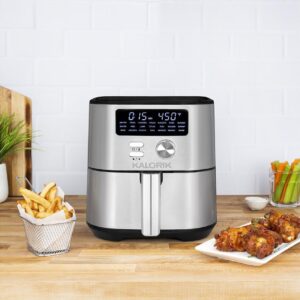 Kalorik MAXX® Digital Air Fryer| 4 Quart 7-in-1 Oilless Fryer with 7 Cooking Functions | LED Display with 21 Smart Presets | Nonstick Air Frying Basket | Recipe Book | 1600W | Stainless Steel & Black