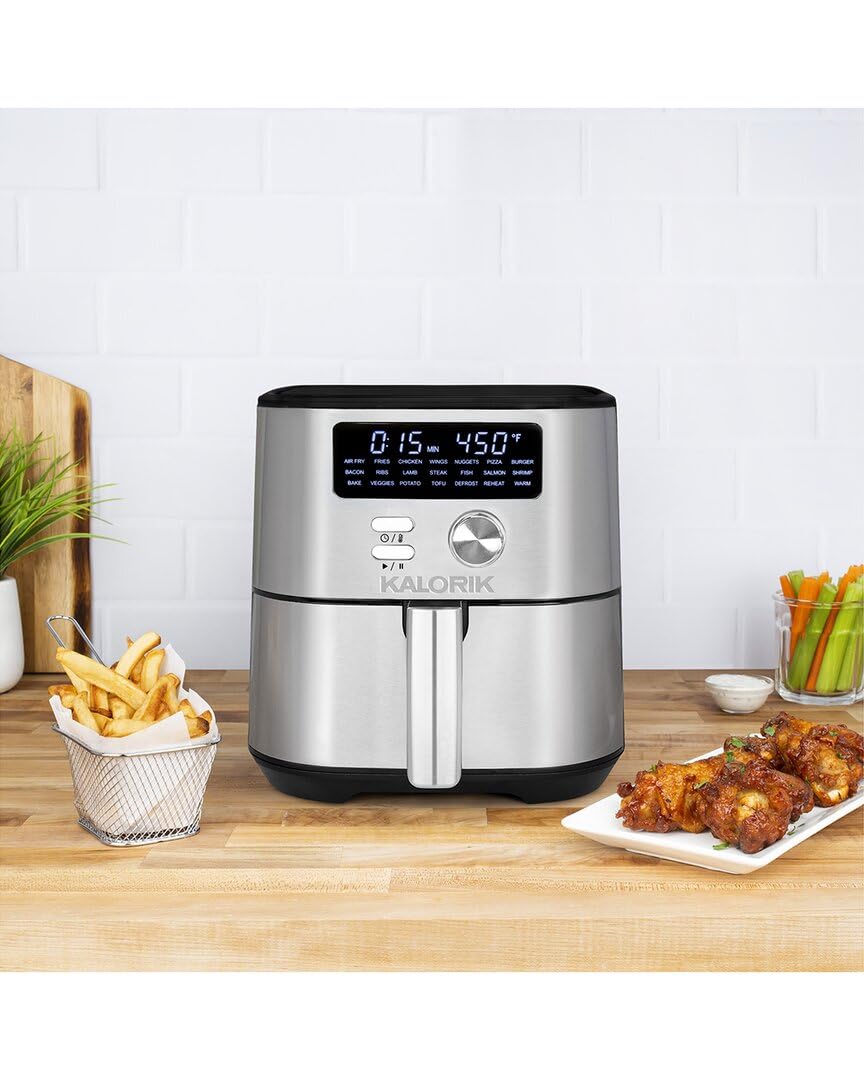 Kalorik MAXX® Digital Air Fryer| 4 Quart 7-in-1 Oilless Fryer with 7 Cooking Functions | LED Display with 21 Smart Presets | Nonstick Air Frying Basket | Recipe Book | 1600W | Stainless Steel & Black