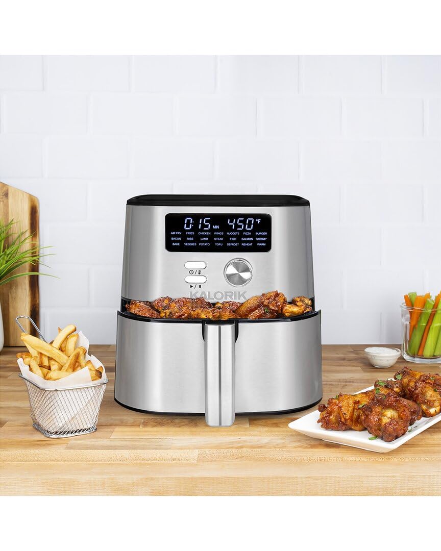 Kalorik MAXX® Digital Air Fryer| 4 Quart 7-in-1 Oilless Fryer with 7 Cooking Functions | LED Display with 21 Smart Presets | Nonstick Air Frying Basket | Recipe Book | 1600W | Stainless Steel & Black