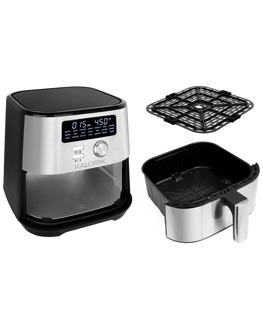 Kalorik MAXX® Digital Air Fryer| 4 Quart 7-in-1 Oilless Fryer with 7 Cooking Functions | LED Display with 21 Smart Presets | Nonstick Air Frying Basket | Recipe Book | 1600W | Stainless Steel & Black