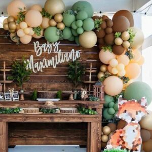 topllon sage green balloon garland kit 140 pcs, safari woodland balloon arch with brown beige gold matte balloons for baby shower safari birthday decorations